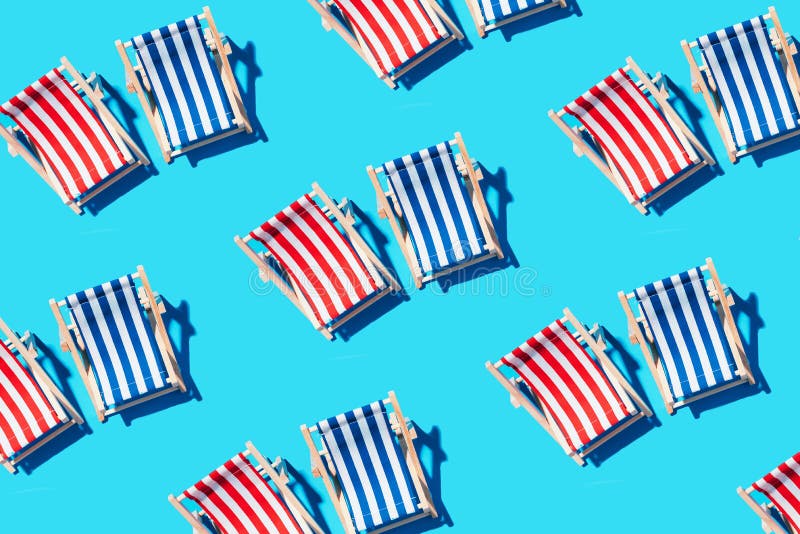 Deck Chairs Pattern on Blue Paper Background. Flat Lay and Copy Space ...
