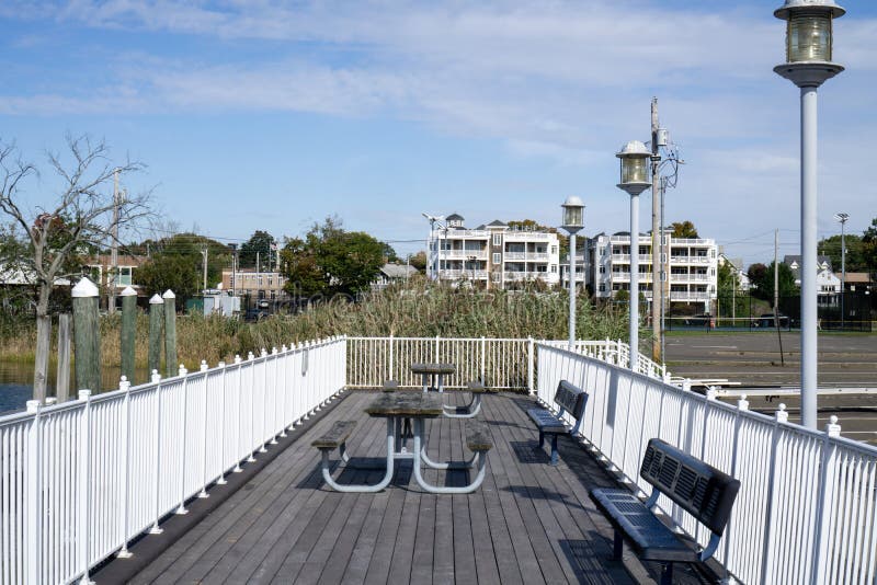 Deck Near Water with Table and Benches for Relaxing Stock Image - Image ...