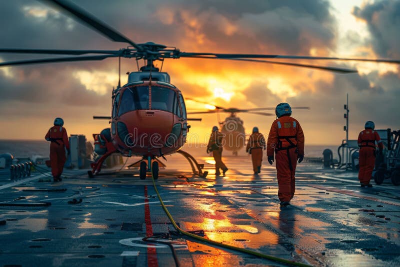 Deck Operations during Helicopter Landing on Offshore Platform Stock ...