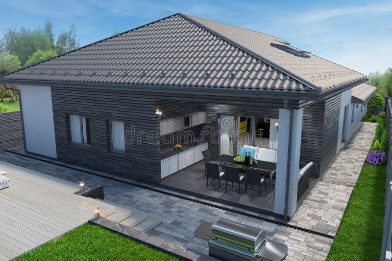 Deck and Outdoor Kitchen Arrangement, 3D Render Stock Illustration ...