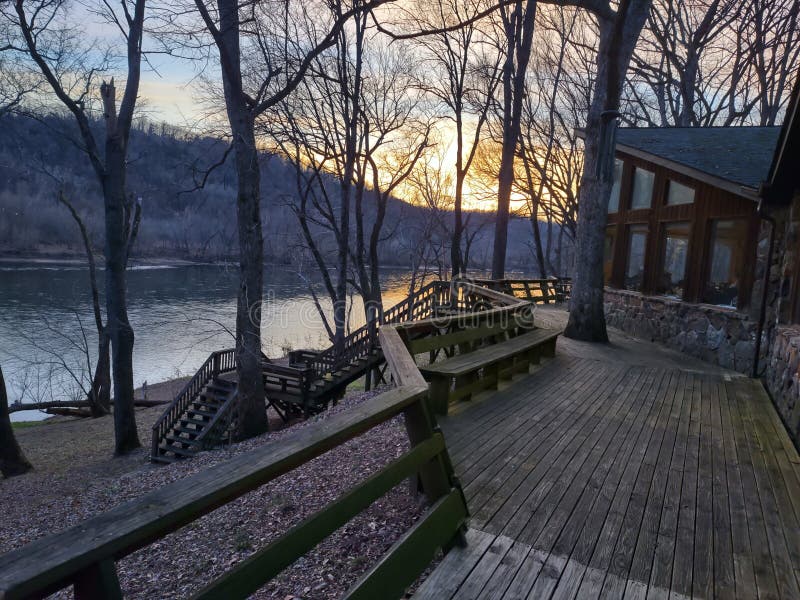 Deck Porch Railing Cabin River Sunset Stairs Stock Photo - Image of ...