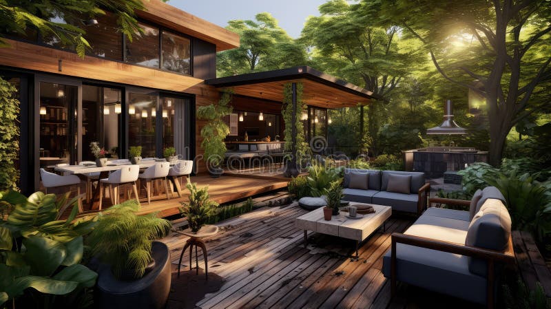 Deck yard house stock illustration. Illustration of landscape - 340020065