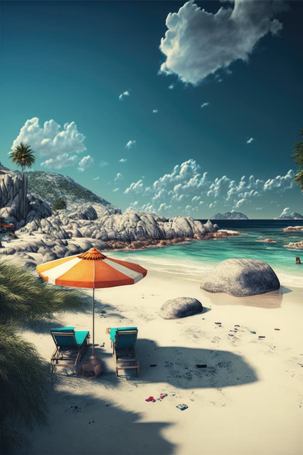 Deckchairs and Parasol on Sunny Beach, Created Using Generative Ai ...