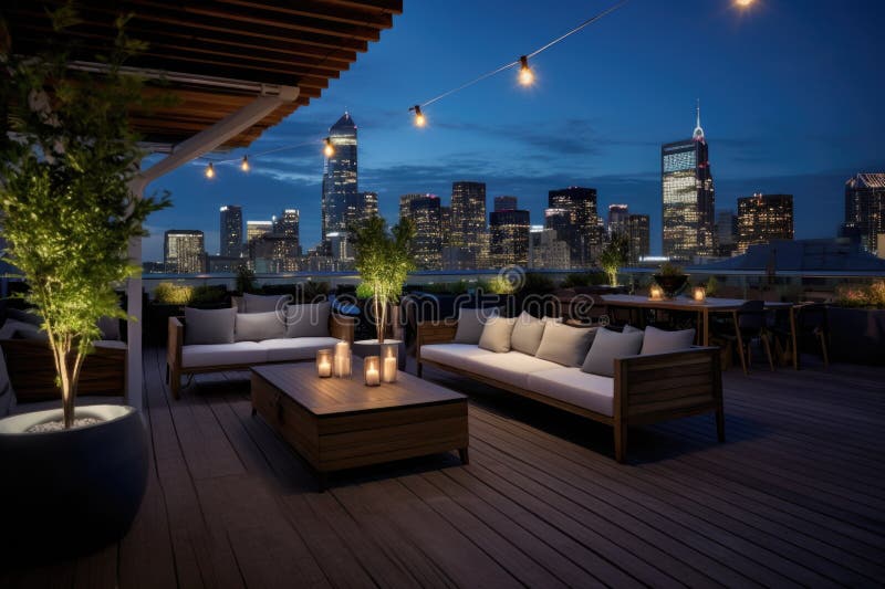 Decked Rooftop Lounge Area with a Breathtaking City View Stock ...