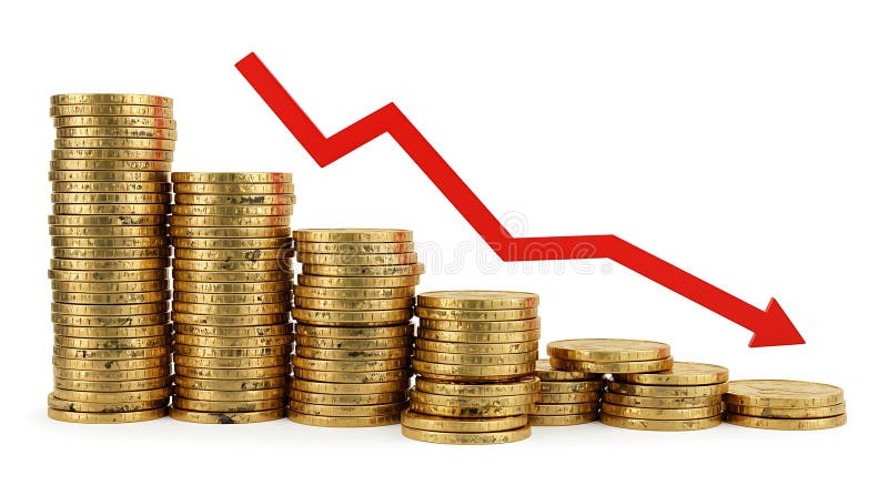 Declining Coin Stacks with Red Arrow Showing Financial Downturn Stock Illustration ...