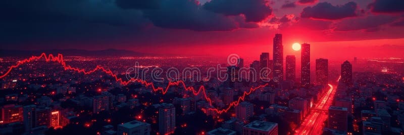 Declining Economic Graphs, Red City Skyline at Night , Graph, Bear ...