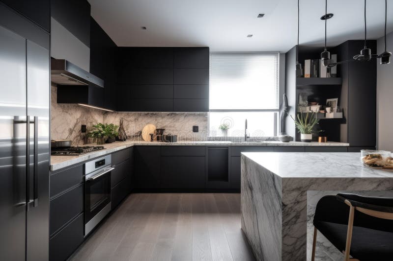 Decluttered Kitchen with Sleek Appliances, Marble Counters, and Minimal ...