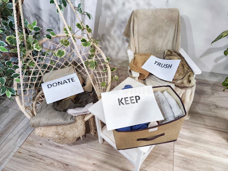 Decluttering Essentials Using the KonMari Method. Assorted Items Sorted into Categories Labeled ...