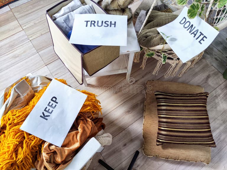 Decluttering Essentials Using the KonMari Method. Assorted Items Sorted into Categories Labeled ...