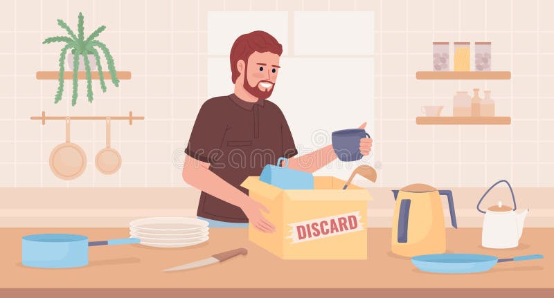 Decluttering Kitchen Countertop and Drawers Flat Color Vector ...