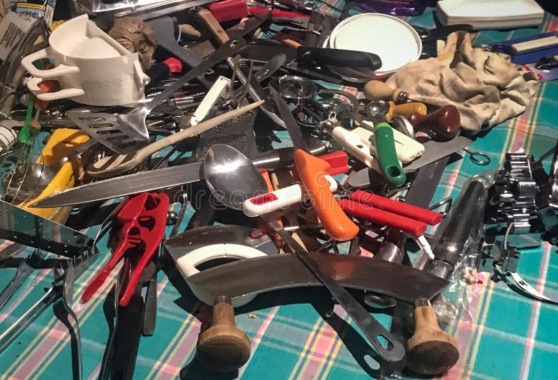 Decluttering a Messy Drawer: Cutlery and Kitchenware Stock Photo ...