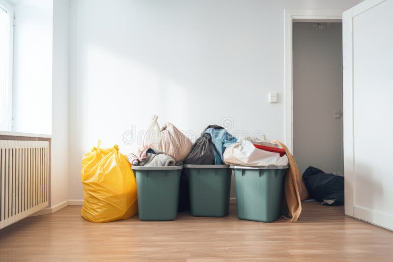 Decluttering Room, with Bin and Bags for Donations or Trash Stock ...