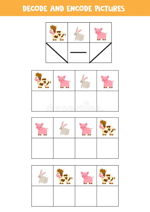 Decode and Encode Pictures. Write the Symbols Under Cute Farm Animals ...