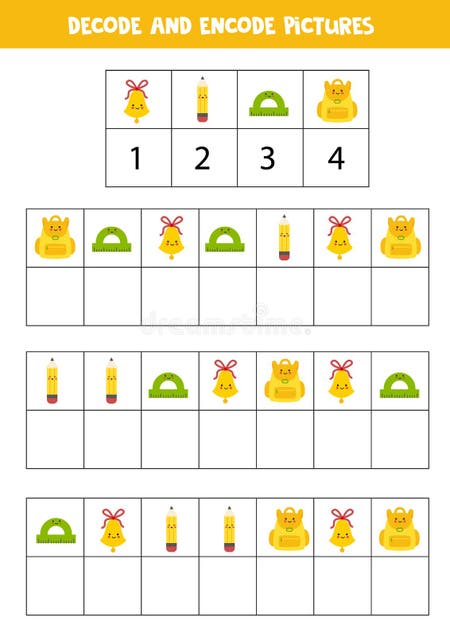 Decode and Encode Pictures. Write the Symbols Under Cute School ...