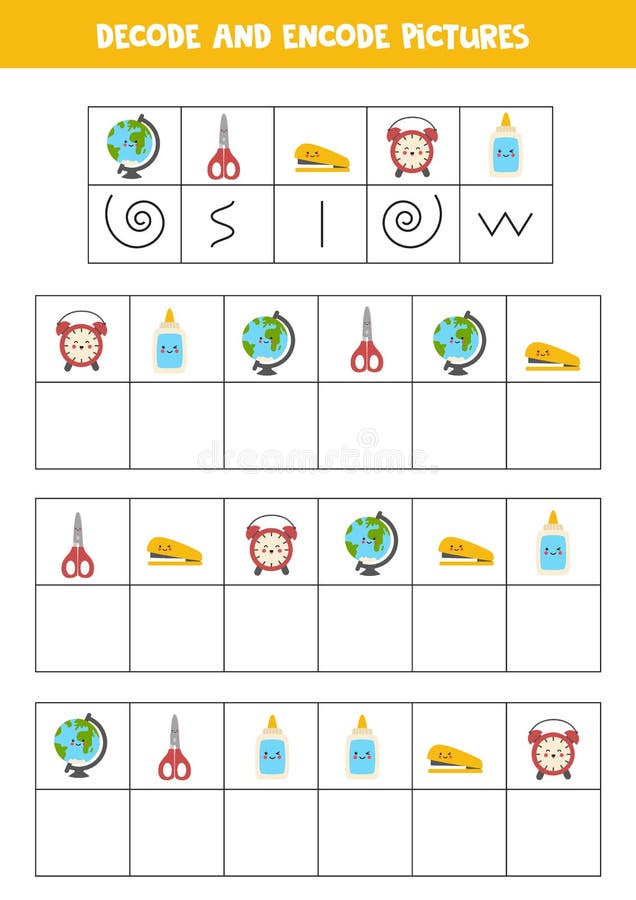 Decode and Encode Pictures. Write the Symbols Under Cute School ...