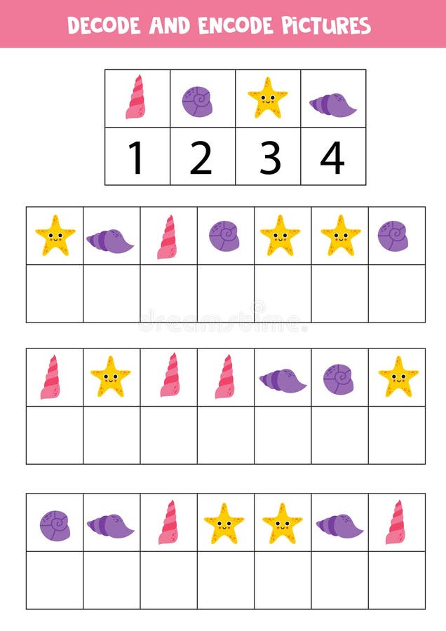 Decode and Encode Pictures. Write the Symbols Under Cute Sea Animals ...