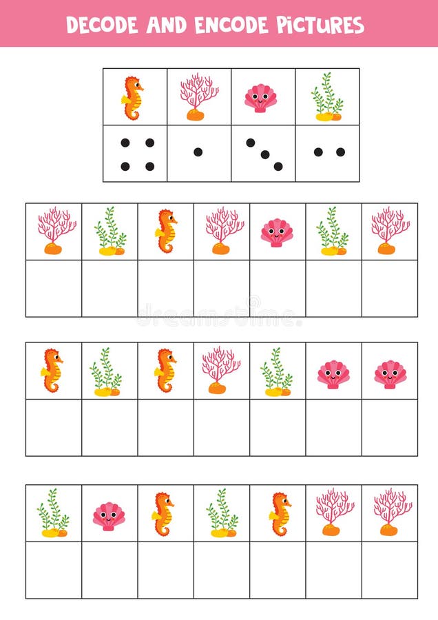 Decode and Encode Pictures. Write the Symbols Under Cute Sea Animals ...