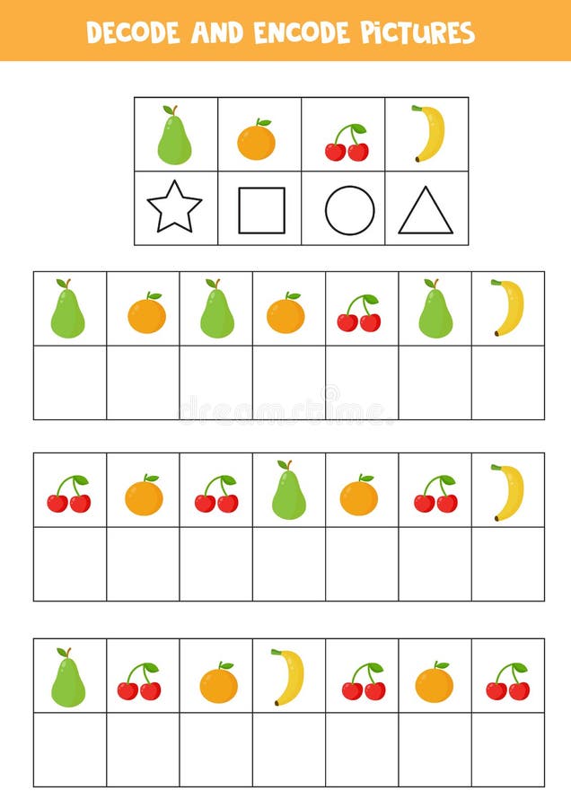 Decode and Encode Pictures. Write the Symbols Under Pictures. Stock ...