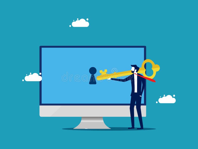Decode or Unlock. Businessman Holding a Key To Unlock a Computer Stock ...