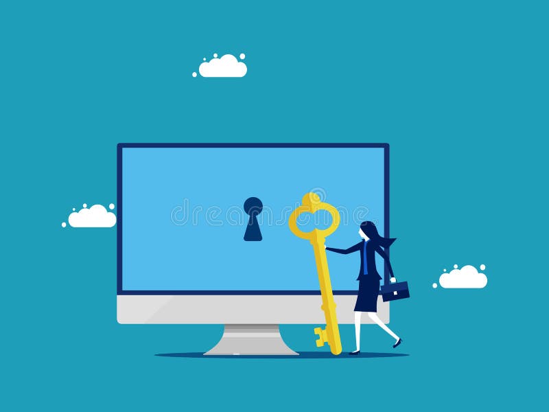 Decode or Unlock. Businesswoman Holding a Key To Unlock a Computer ...