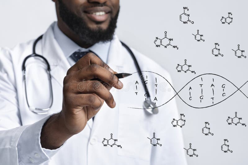 Decoding Human Genome. Black Male Doctor Drawing DNA Molecule on ...