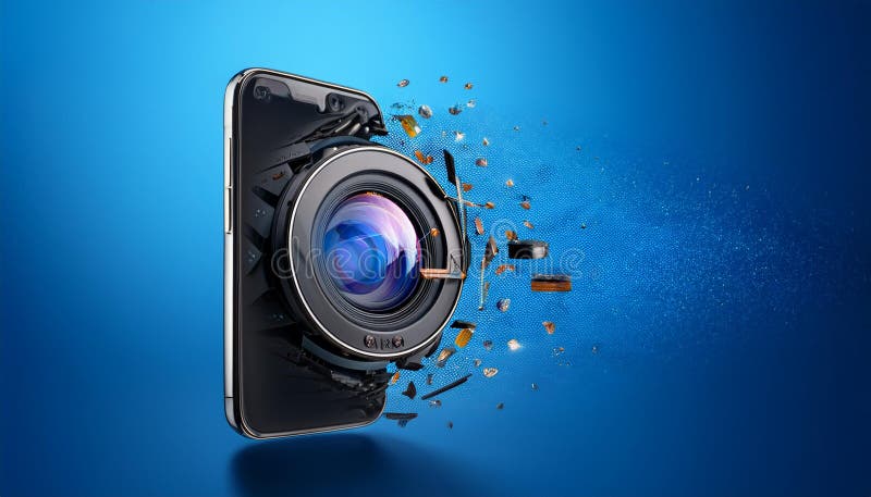Decomposed Smartphone Camera Lens on Blue Background. Technology ...
