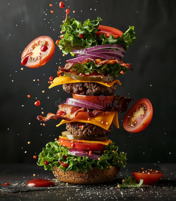 Deconstructed Bacon Burger Explosion with Floating Ingredients Stock ...