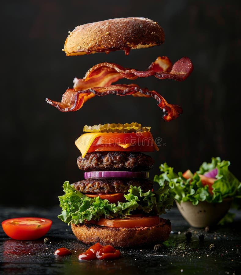 Deconstructed Bacon Burger Explosion with Floating Ingredients Stock ...