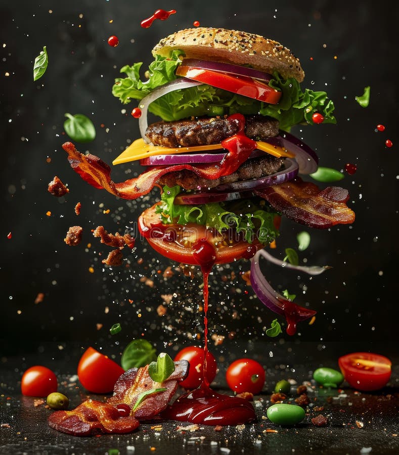 Deconstructed Bacon Burger Explosion with Floating Ingredients Stock ...