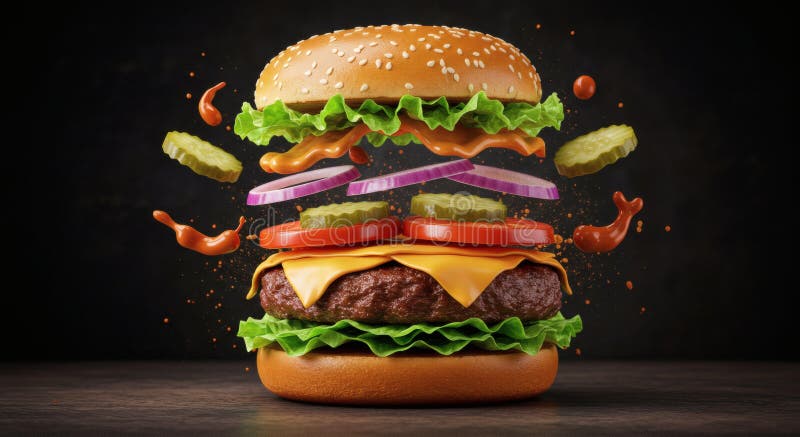 Deconstructed Burger with Floating Ingredients Tasty Food Concept on ...