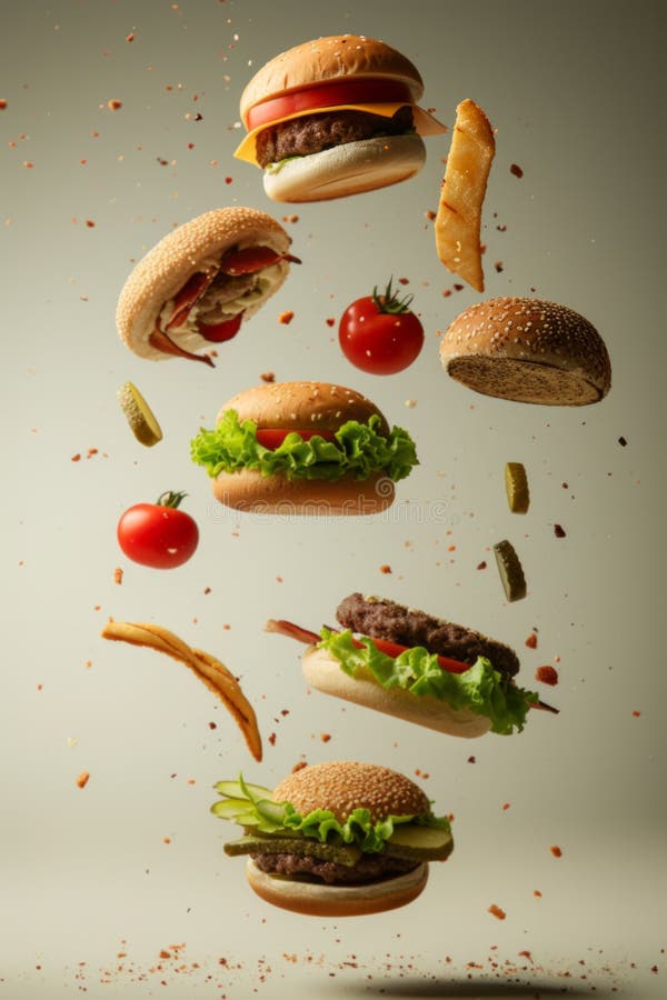 Deconstructed Burger in Mid-Air on Grey Stock Photo - Image of ...