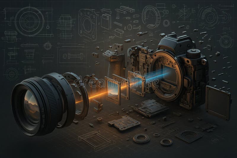 Deconstructed Camera Components and Internal Light Ray Paths Showcasing ...