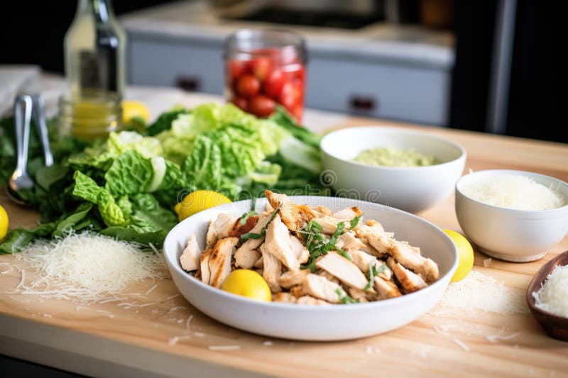 Deconstructed Chicken Caesar Salad with Ingredients in Piles Stock ...
