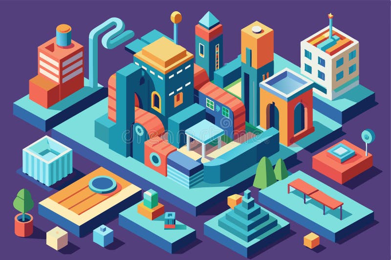 A Deconstructed, Colorful Isometric Cityscape Featuring Various ...