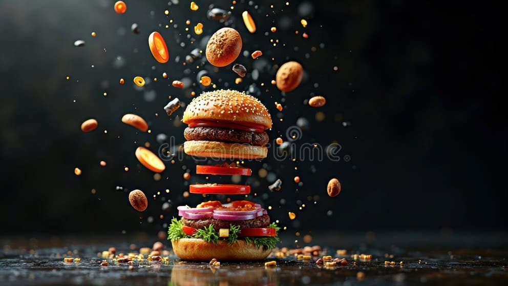 Deconstructed Gourmet Burger with Flying Ingredients Against Dark ...