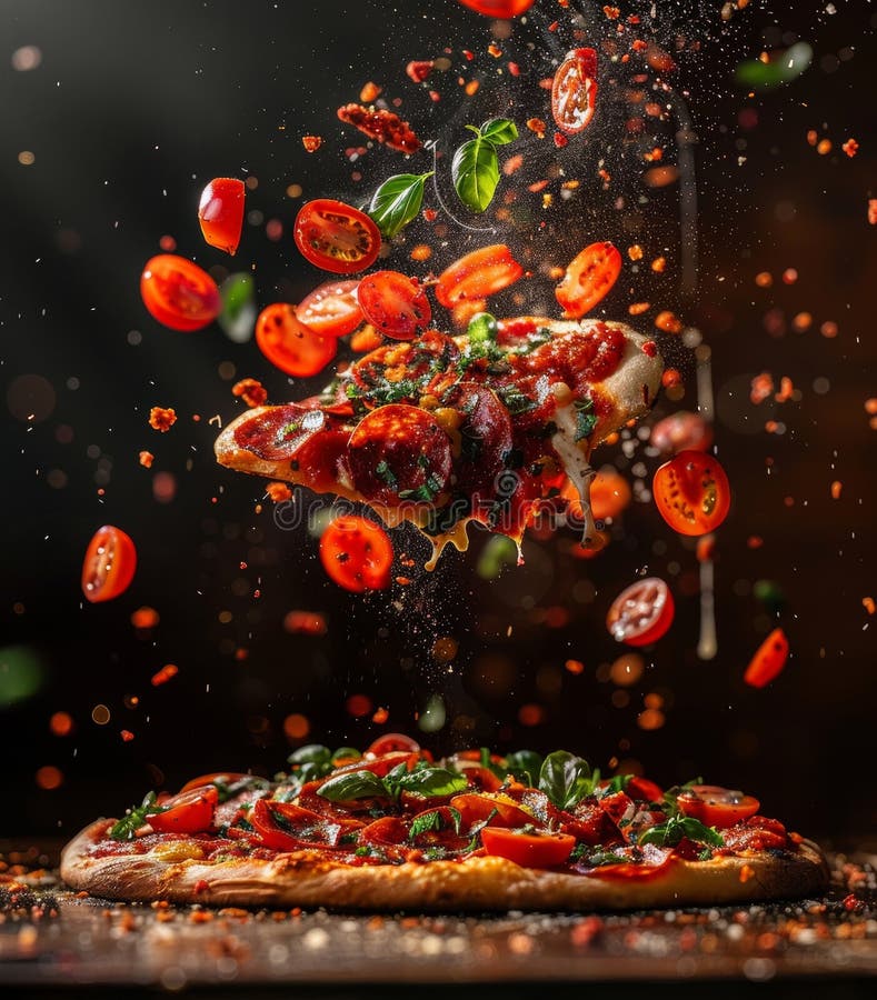 Deconstructed Pepperoni Pizza Explosion with Floating Ingredients Stock ...
