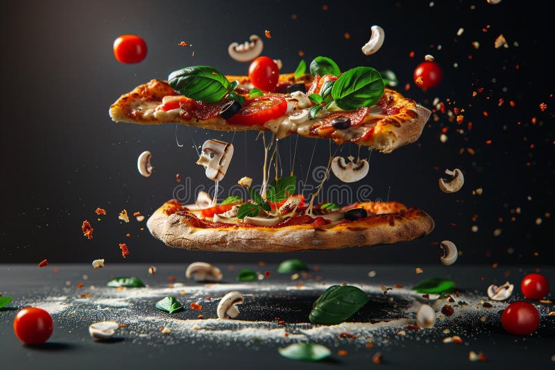 A Deconstructed Pizza with Floating Slices and Toppings Flying Food ...