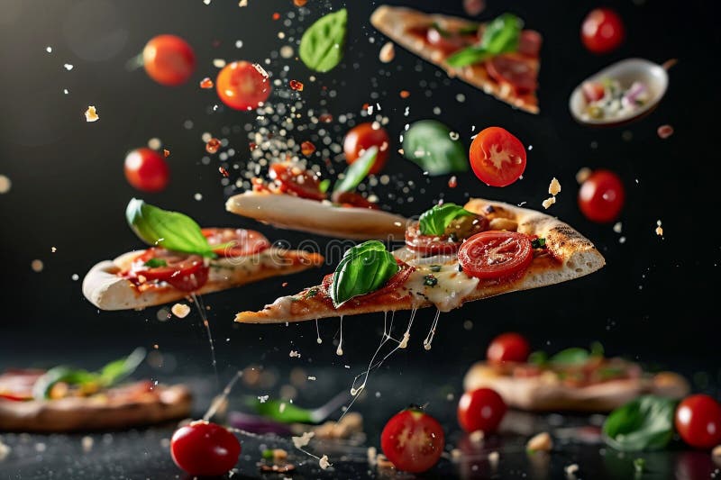 A Deconstructed Pizza with Floating Slices and Toppings Flying Food ...