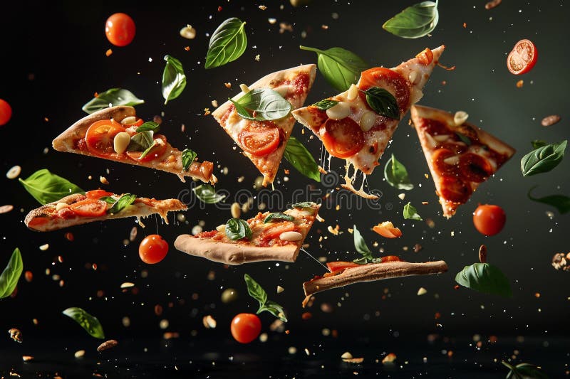A Deconstructed Pizza with Floating Slices and Toppings Flying Food ...