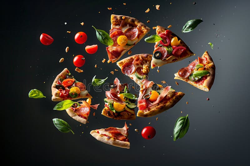 A Deconstructed Pizza with Floating Slices and Toppings Flying Food ...