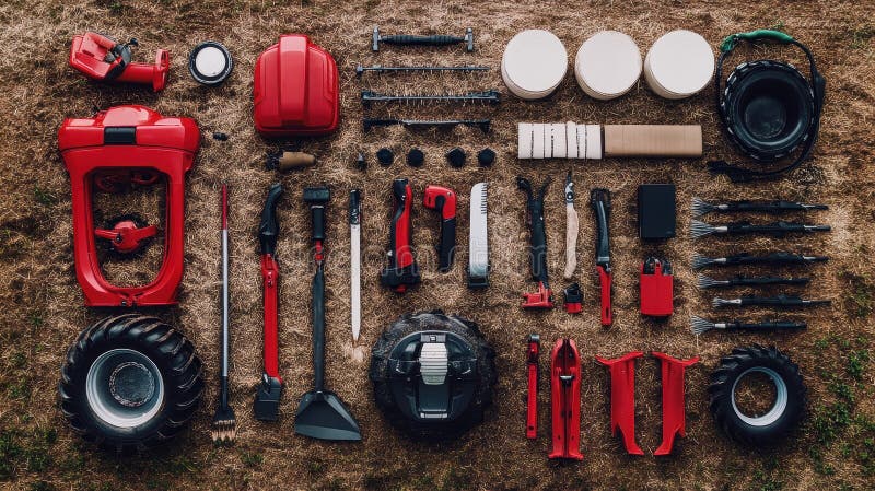 Deconstructed Tractor: Flat Lay of Agricultural Tools and Equipment on ...