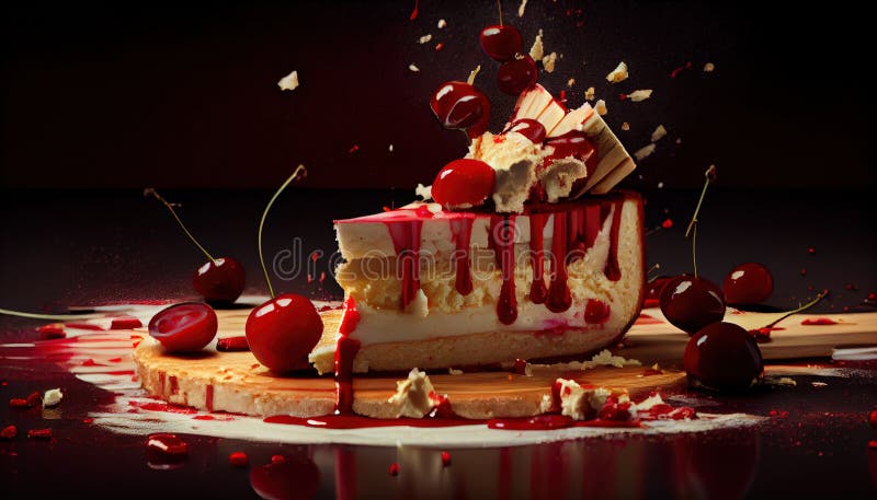 Deconstuction Cake Slice Decorated with Cherries and Dripping Jam on a ...