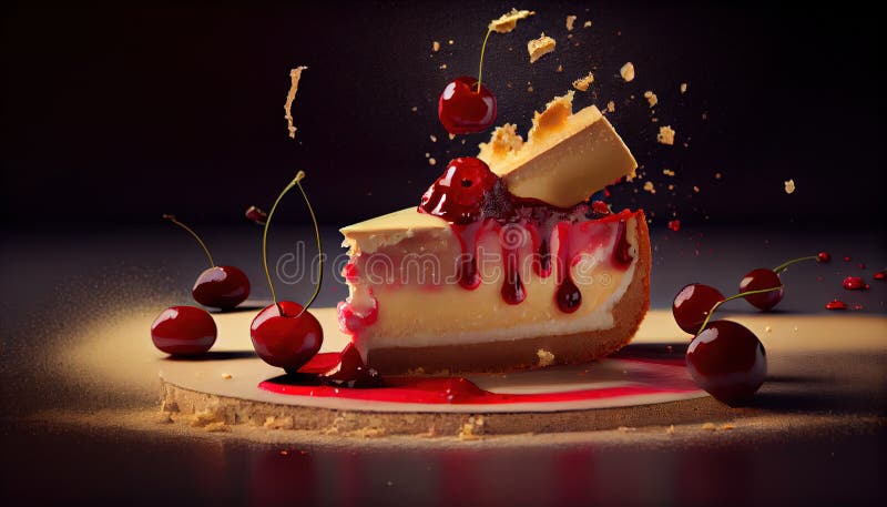 Deconstuction Cake Slice on Table Dripping Jam on a Dark Background AI ...
