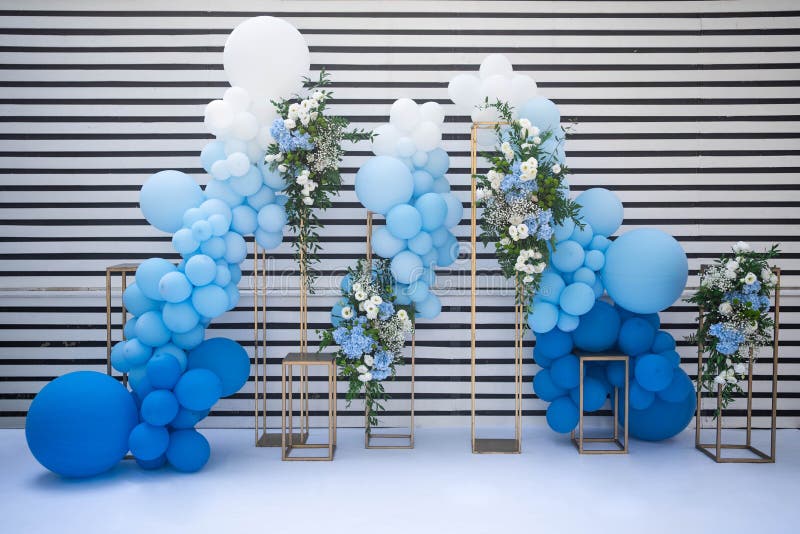 Decor with Balloons of White, Blue and Flower Arrangemets. Party ...