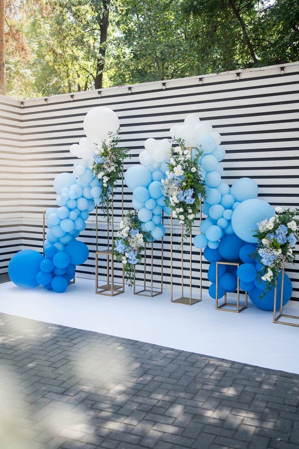 Decor with Balloons of White, Blue and Flower Arrangemets. Party ...