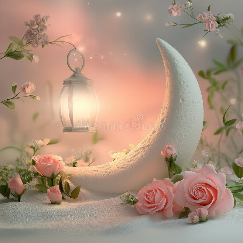 Decor Featuring a Glowing Crescent Moon with Roses and Lanterns Stock ...