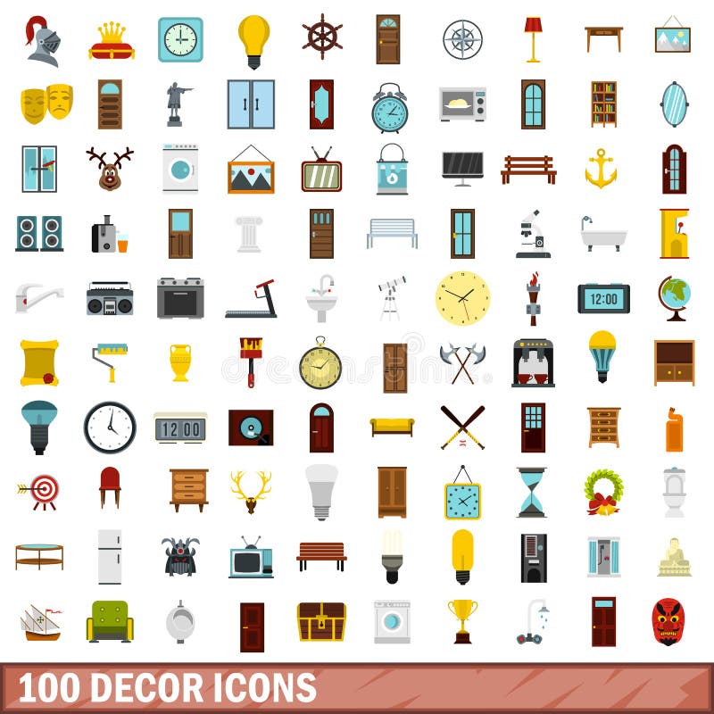100 Decor Icons Set, Flat Style Stock Vector - Illustration of bench ...