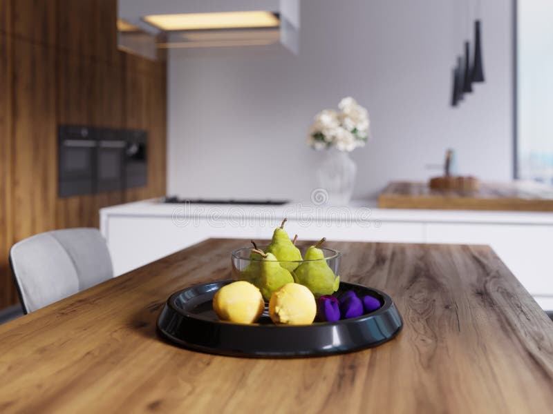 The Decor on the Wooden Dining Table and Bar. Depth of Field Effect ...