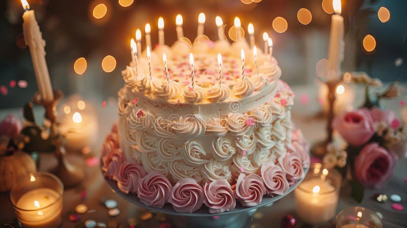 A Decorated Birthday Cake with Lit Candles Stock Photo - Image of ...