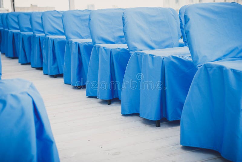 Decorated Blue Wedding Chairs Stock Photo - Image of event, banquet ...